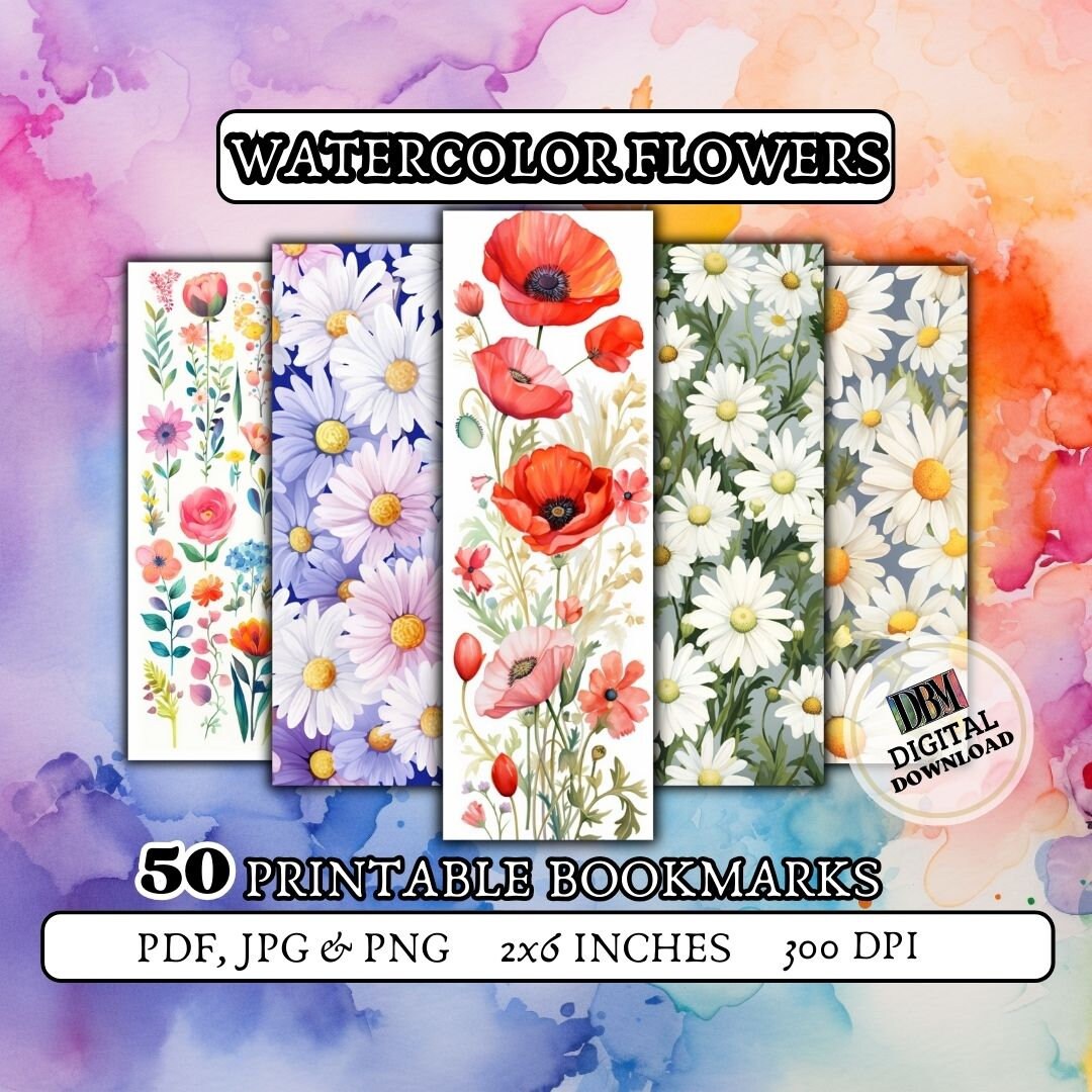 50 WATERCOLOR FLOWERS Printable Bookmarks/ Digital Bookmark/ Roses ...