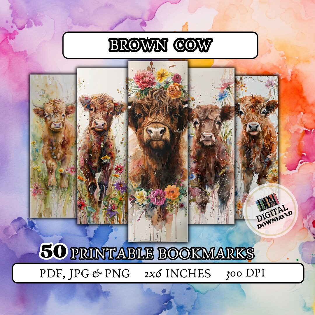 50 BROWN COW Printable Bookmarks/ Digital Bookmark/ Cute Animals ...