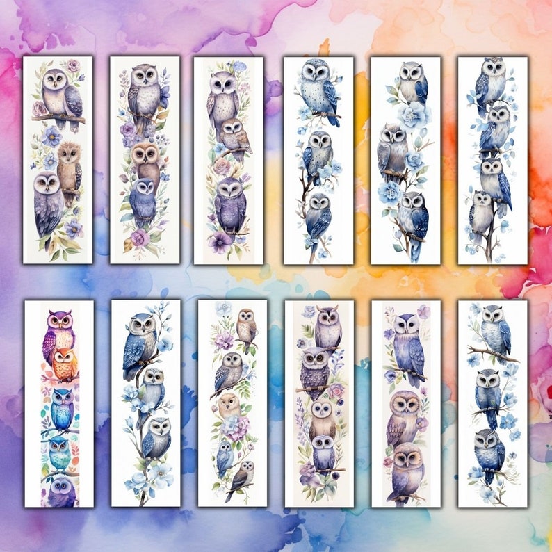 50 OWL WATERCOLOR Printable Bookmarks/ Digital Bookmark/ Owl Bookmarks ...