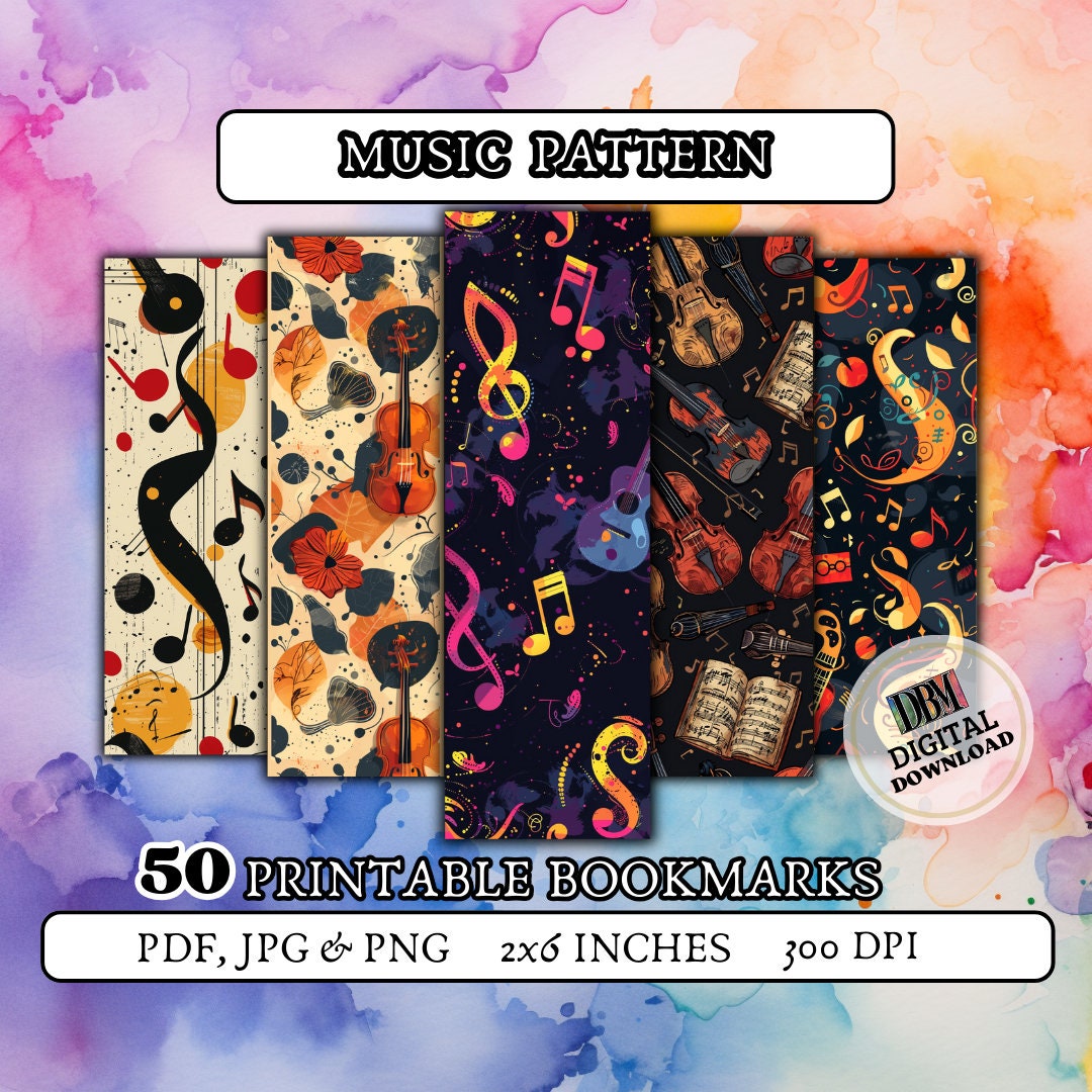 50 MUSIC PATTERN Printable Bookmarks/ Digital Bookmark/design Bookmarks ...