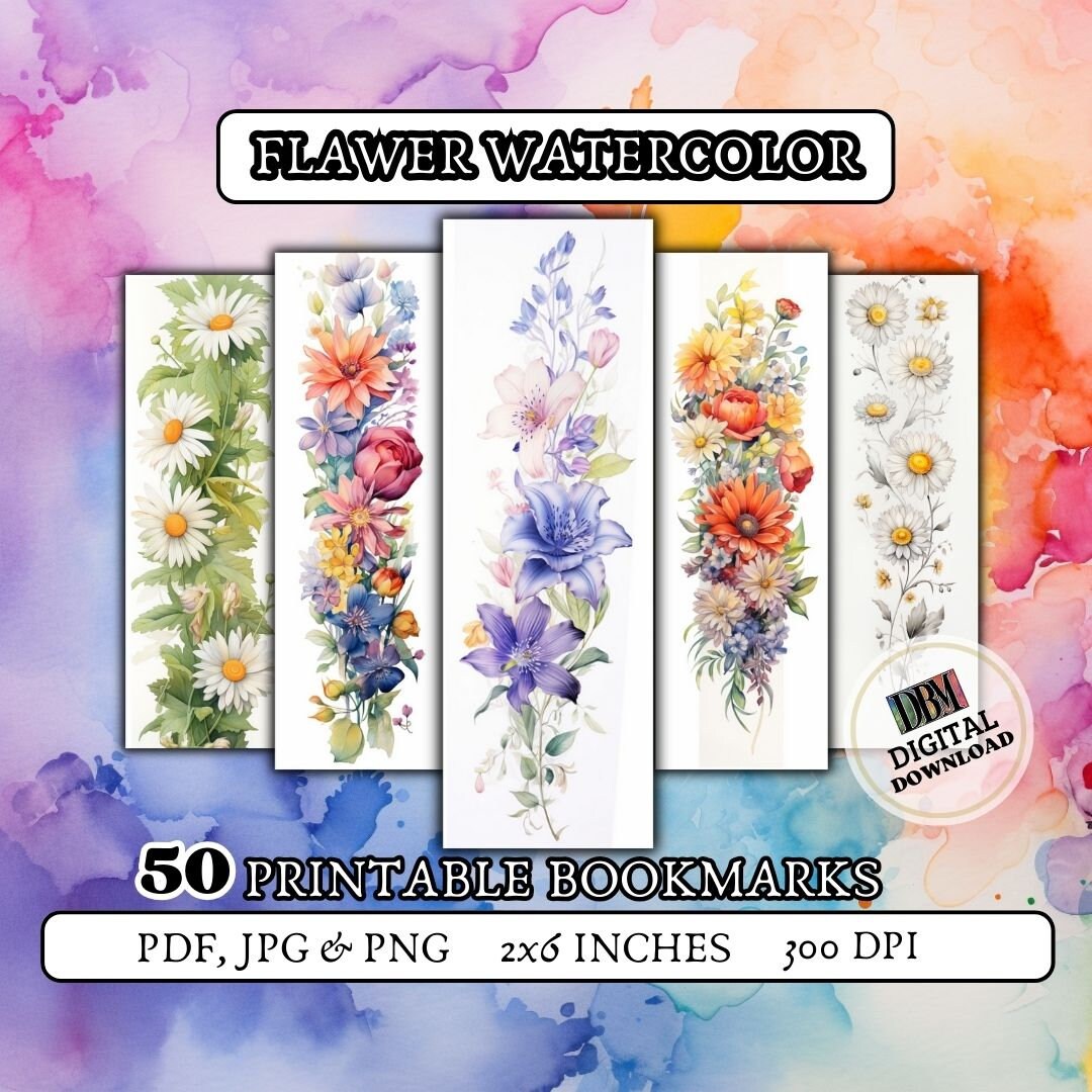 50 FLAWERS WATERCOLOR Printable Bookmarks/digital Bookmark/design ...