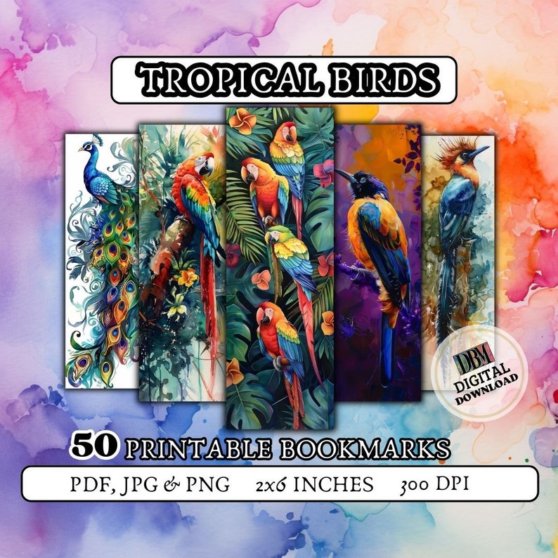 50 TROPICAL BIRDS Printable Bookmarks/ Digital Bookmark/ Bird Bookmark ...