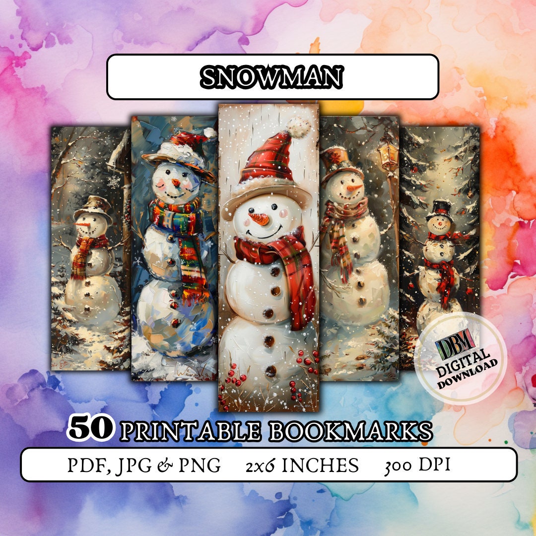 50 SNOWMAN Printable Bookmarks/ Digital Bookmark/snowman Bookmarks ...