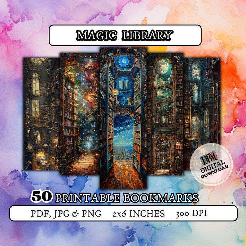 50 MAGIC LIBRARY Printable Bookmarks/ Digital Bookmark/ Stacked Book ...