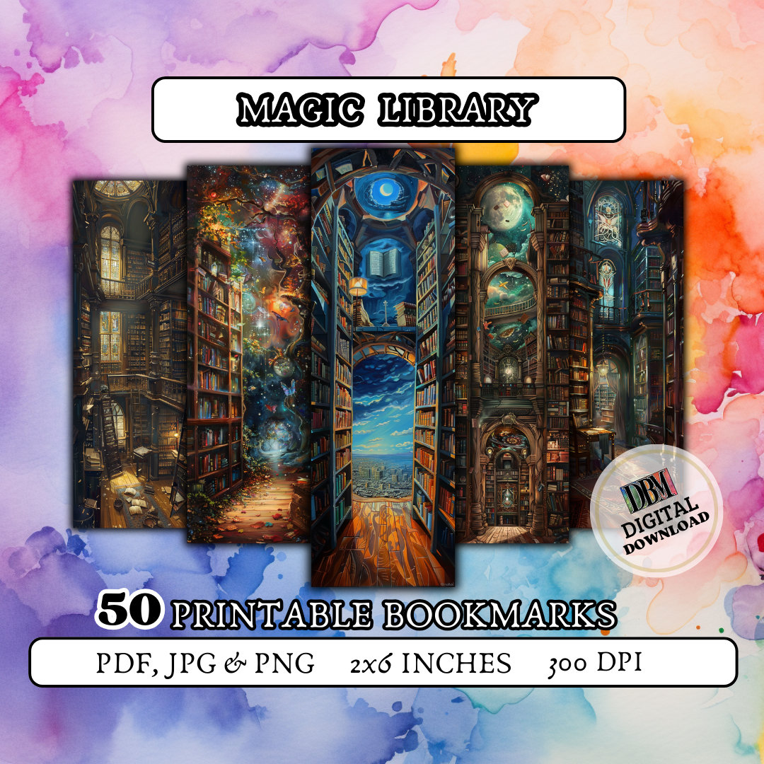 50 MAGIC LIBRARY Printable Bookmarks/ Digital Bookmark/ Stacked Book ...
