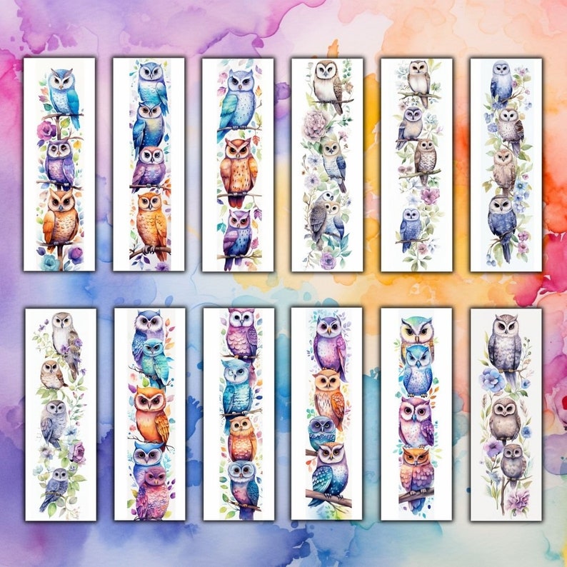 50 OWL WATERCOLOR Printable Bookmarks/ Digital Bookmark/ Owl Bookmarks ...