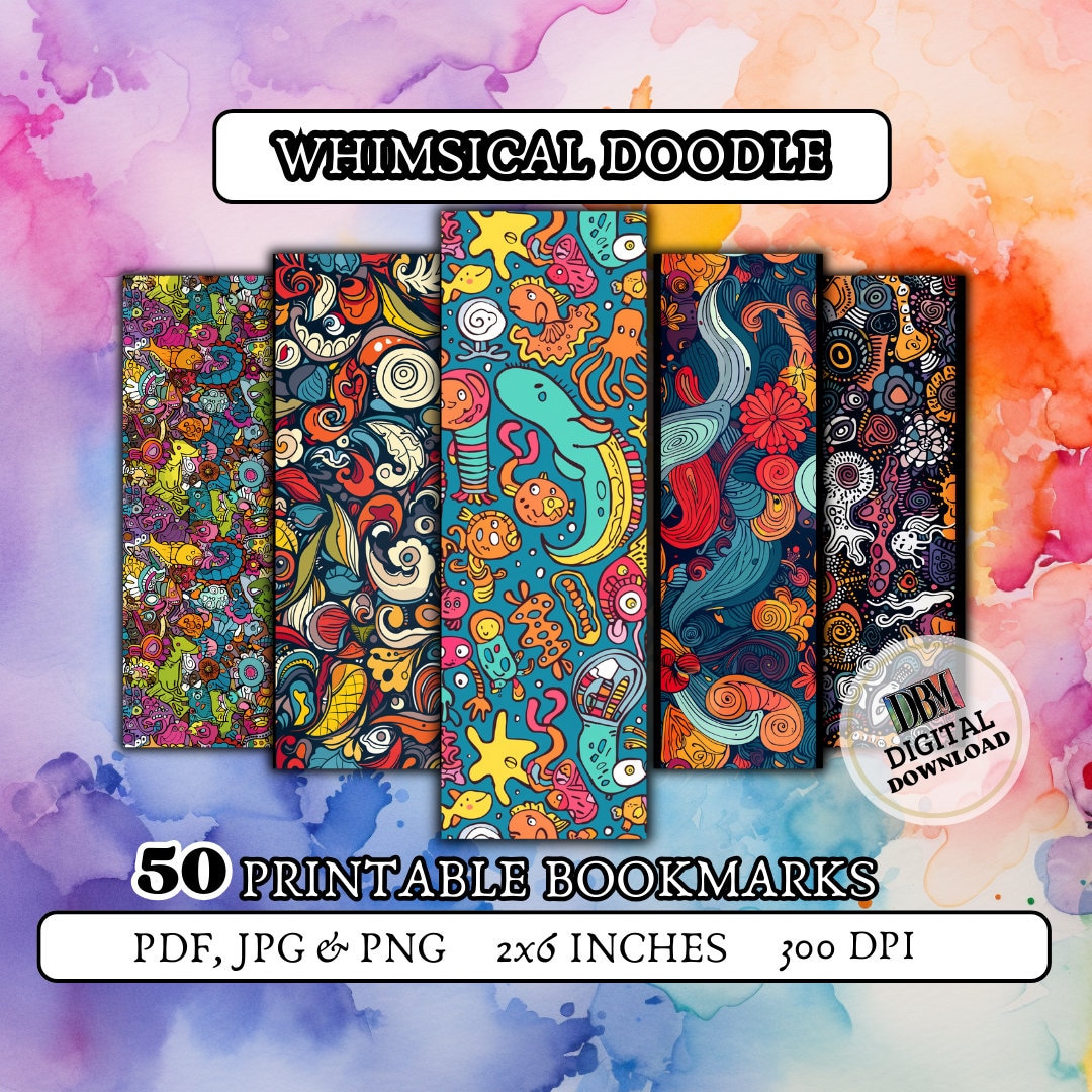 50 WHIMSICAL DOODLE Printable Bookmarks/digital Bookmark/design ...