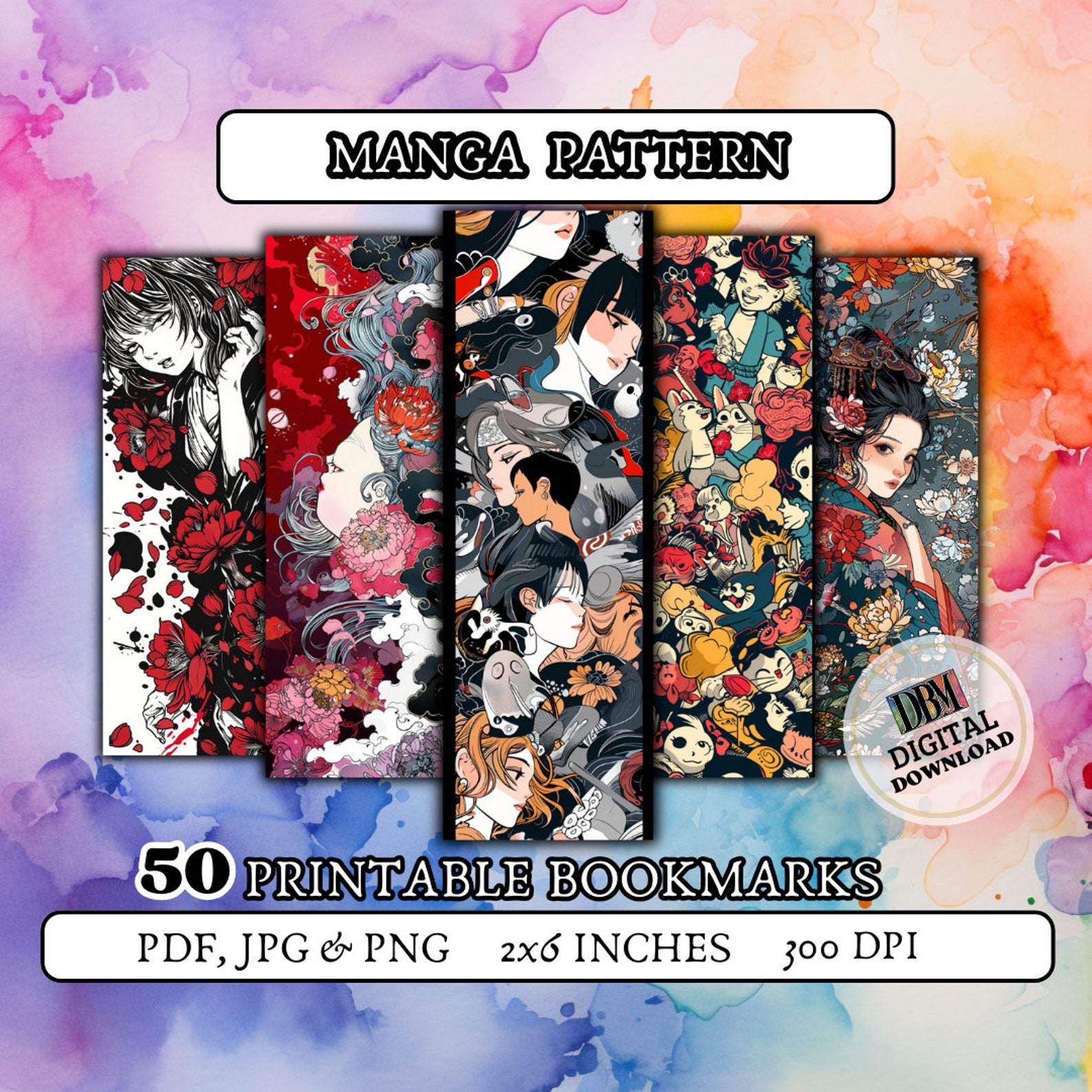 50 MANGA PATTERN Printable Bookmarks/ Digital Bookmark/manga Bookmark ...
