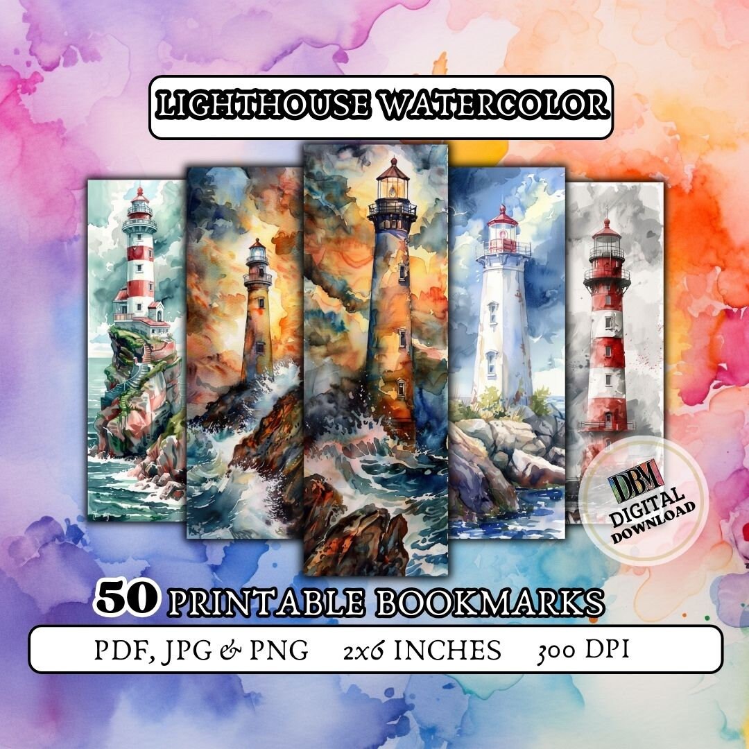 50 LIGHTHOUSE WATERCOLOR Printable Bookmarks/ Nautical Bookmarks ...