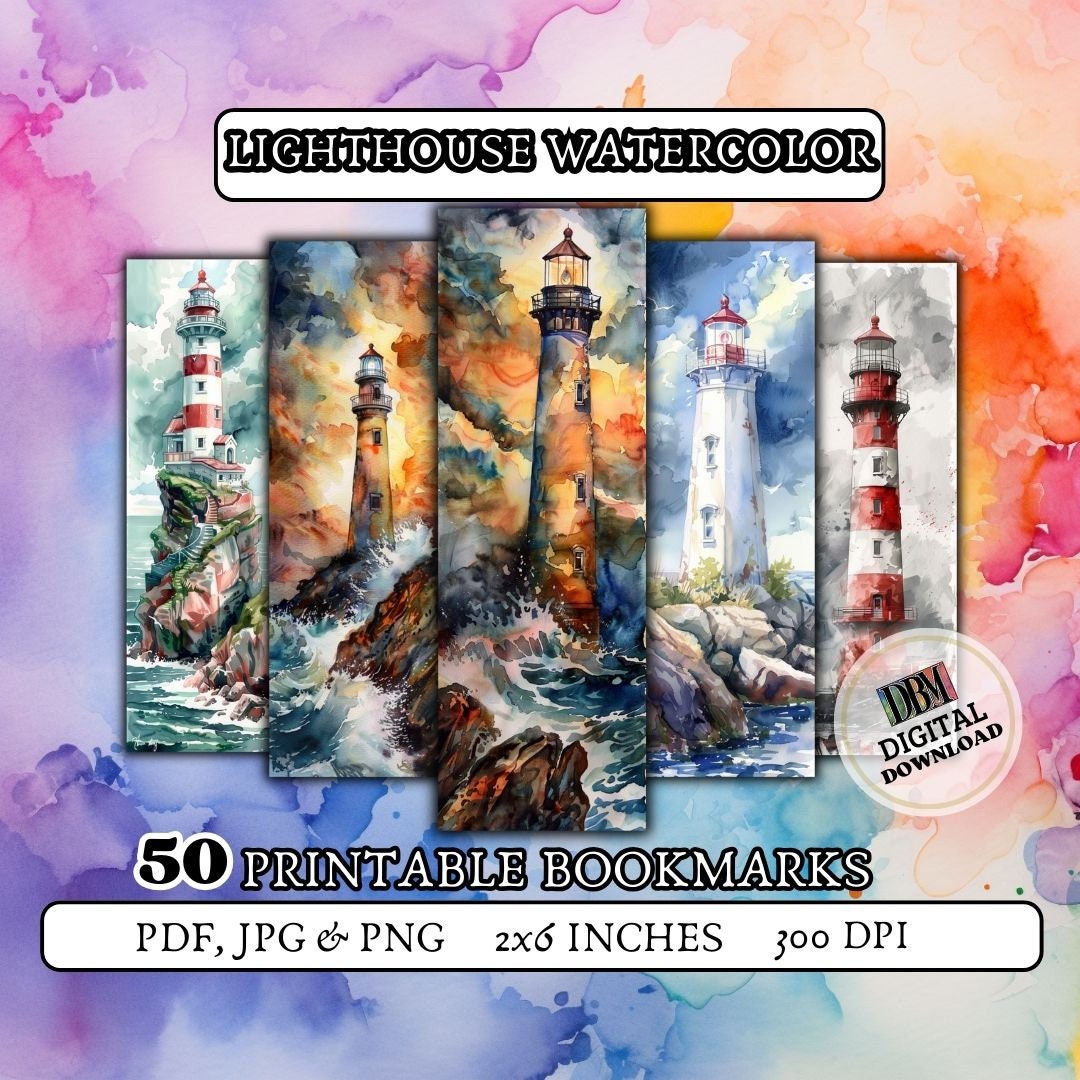 50 LIGHTHOUSE WATERCOLOR Printable Bookmarks/ Nautical Bookmarks ...