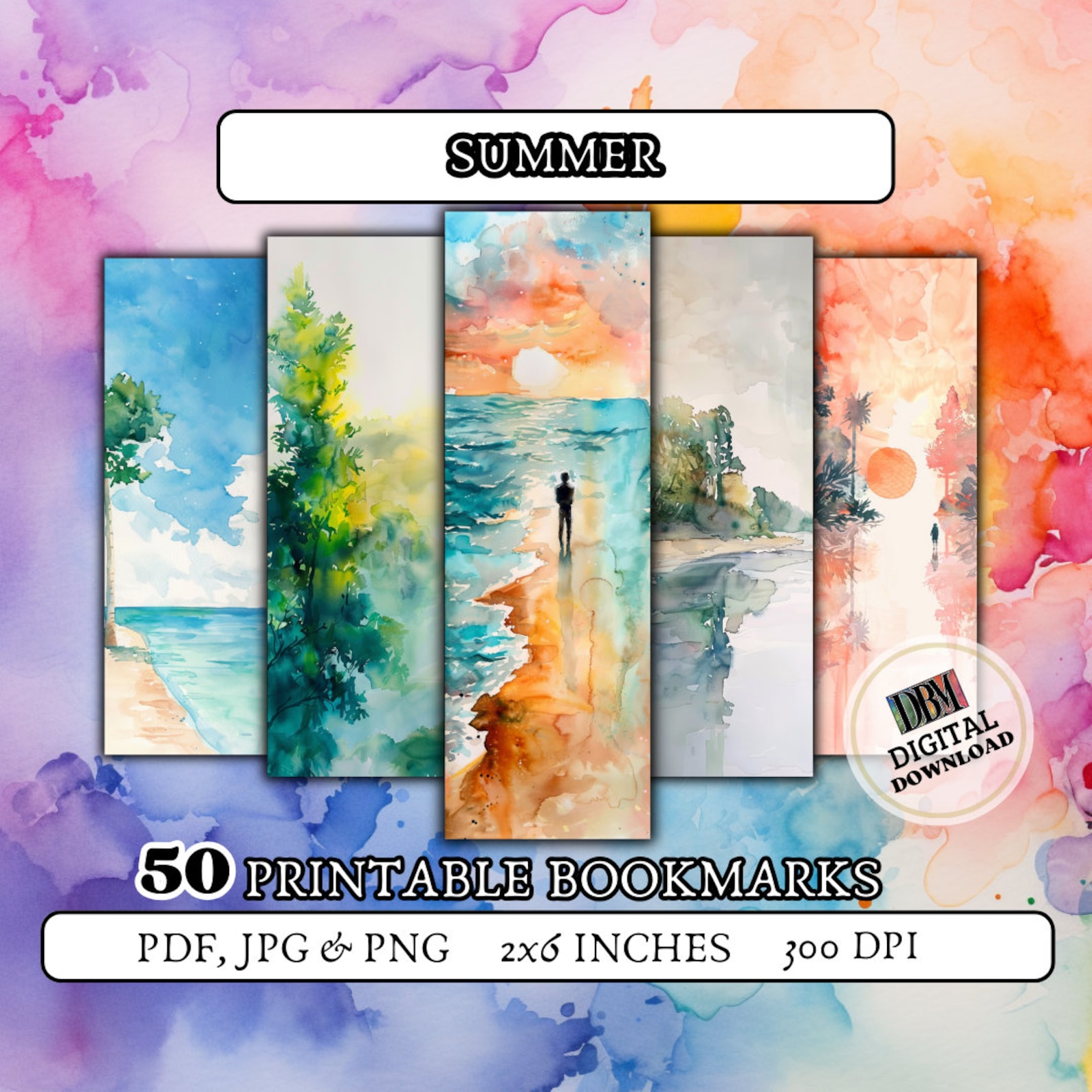 50 SUMMER Printable Bookmarks/ Digital Bookmark/nature Bookmarks/watercolor Bookmark/ Sea ...
