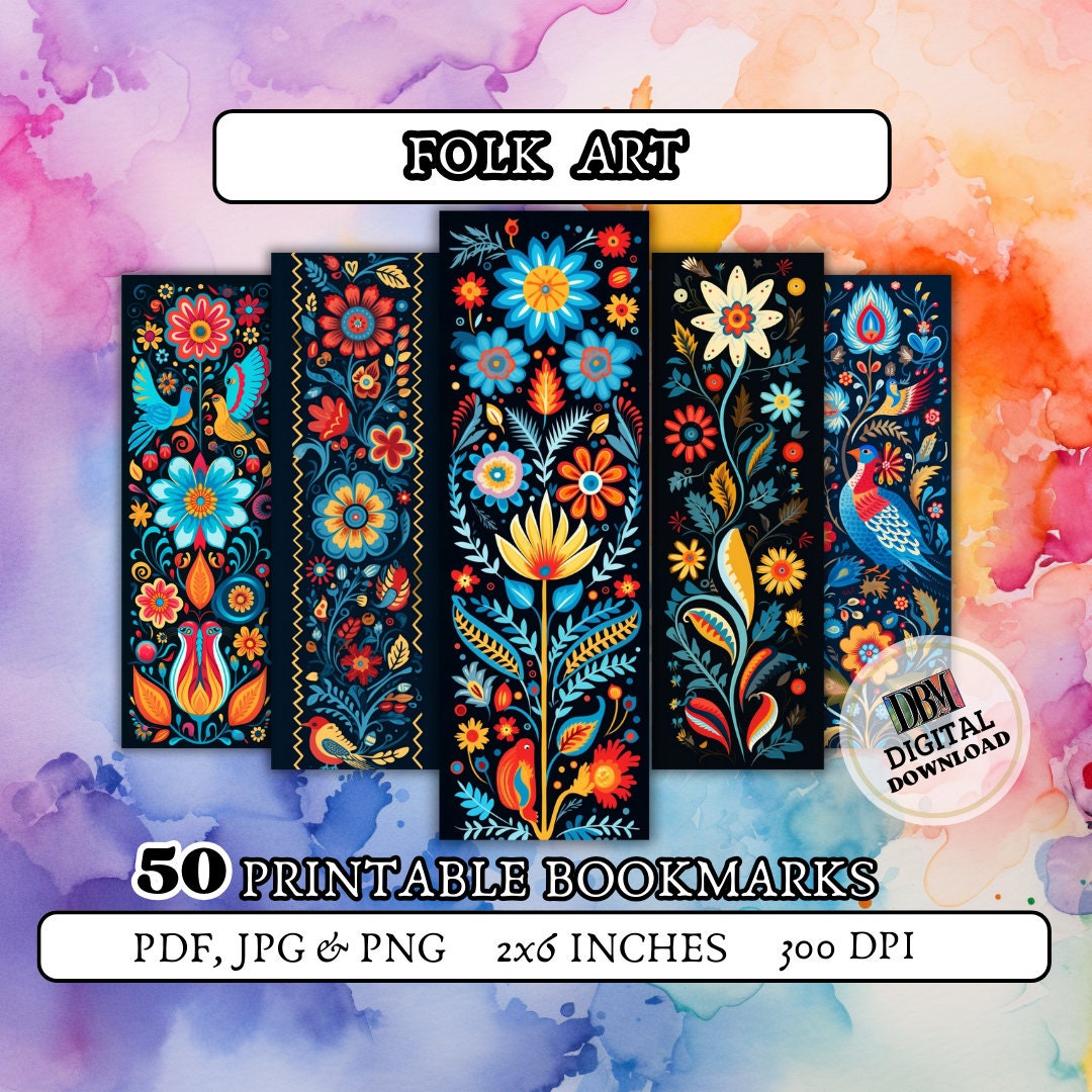 50 FOLK ART Printable Bookmarks/ Digital Bookmark/ Folk Bookmarks/ Art ...