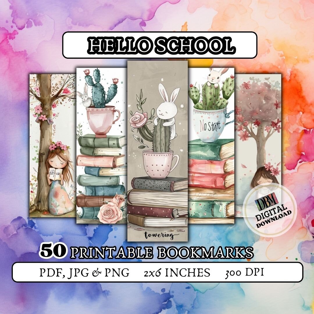 50 HELLO SCHOOL Printable Bookmarks/ Digital Bookmark/ Design Bookmarks ...