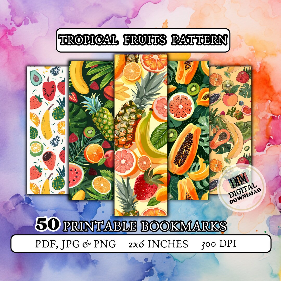50 TROPICAL FRUITS PATTERN Printable Bookmarks/ Digital Bookmark ...