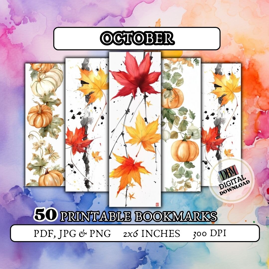 50 OCTOBER Printable Bookmarks/ Digital Bookmark/ Watercolor Bookmarks ...