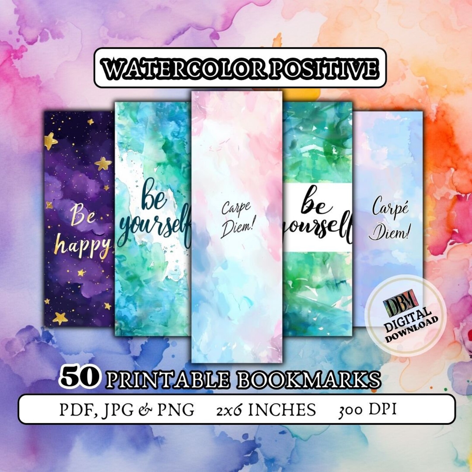 50 WATERCOLOR POSITIVE Printable Bookmarks/ Digital Bookmark /positive ...