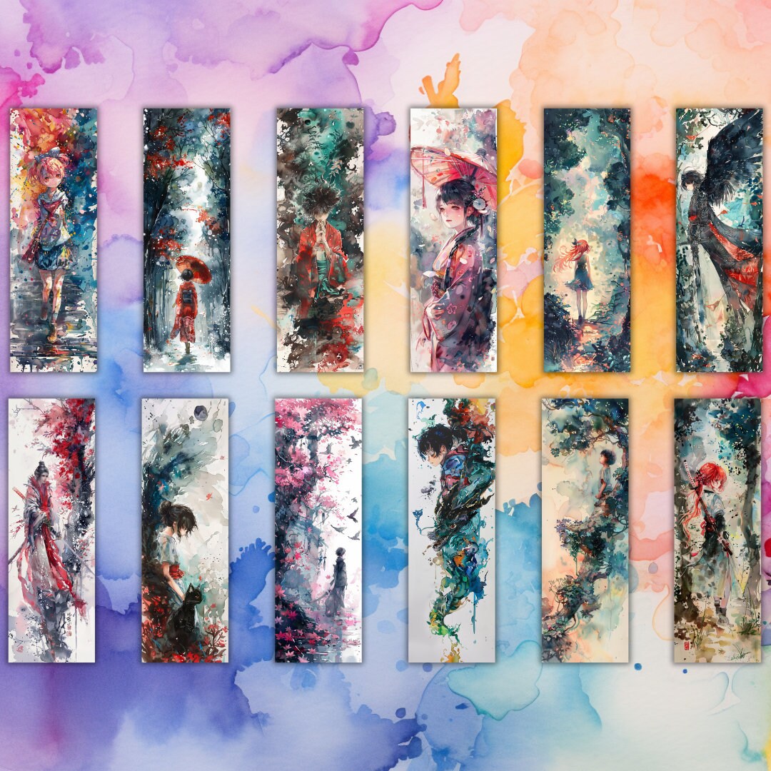 50 ANIME WATERCOLOR Printable Bookmarks/ Anime Bookmark/digital ...