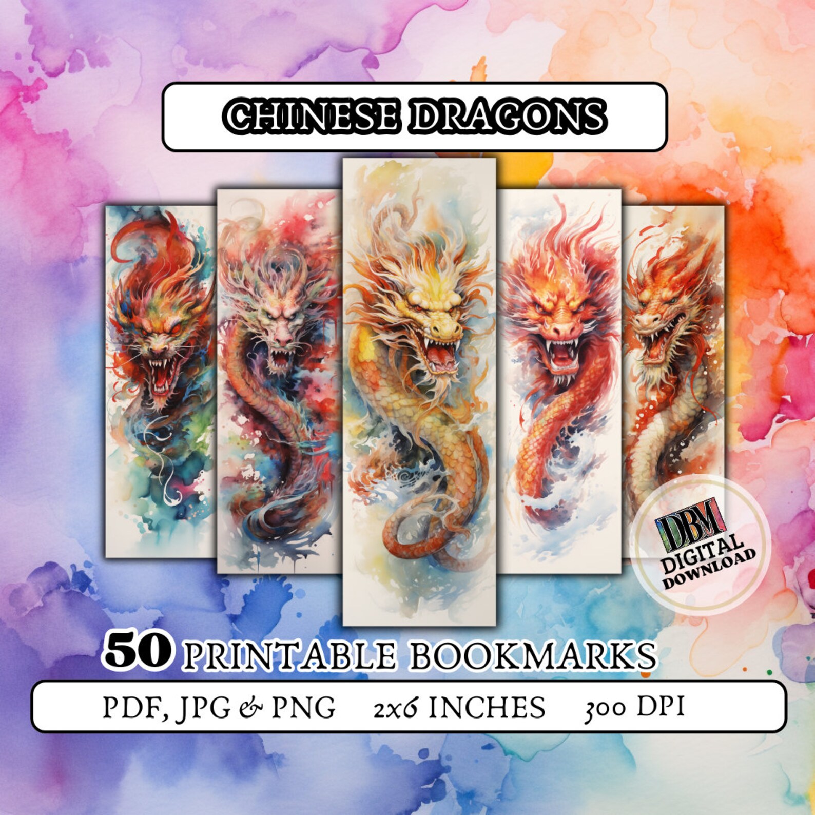 50 CHINESE DRAGONS Printable Bookmarks/ Digital Bookmark/ Dragons ...