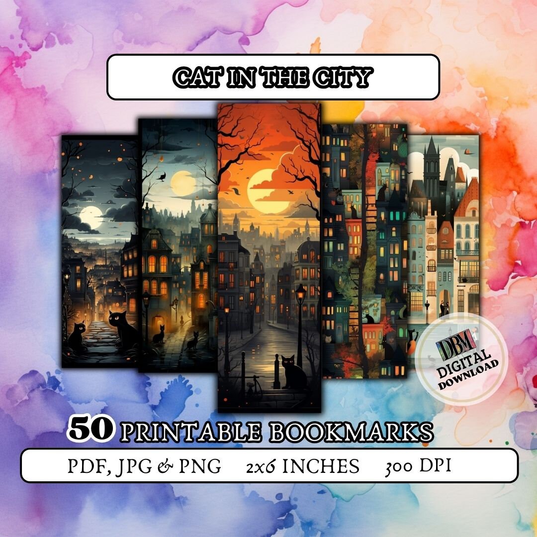 50 Cat in the City Printable Bookmarks/ Bookmark for Women/ Watercolor ...
