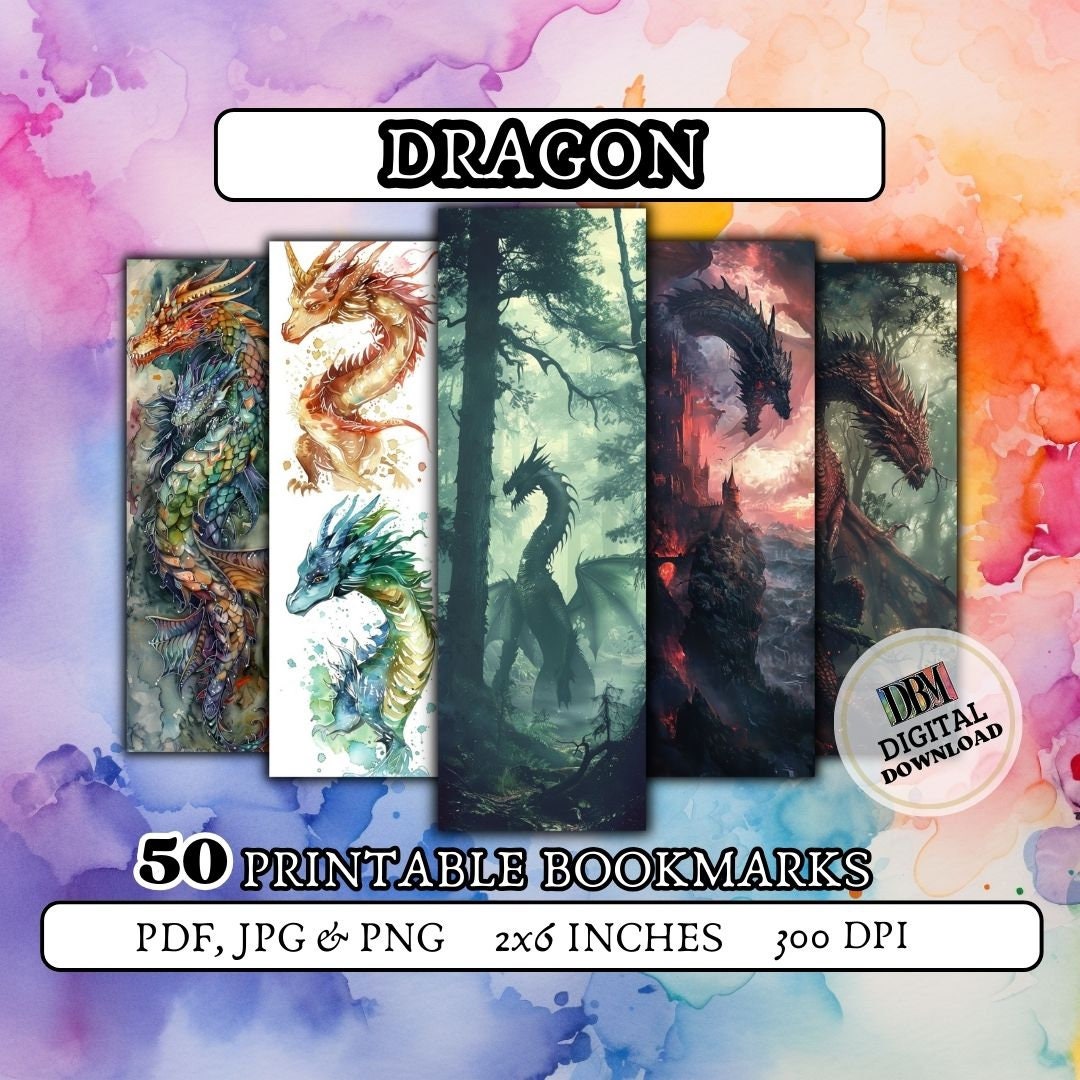 50 DRAGON Printable Bookmarks/ Digital Bookmark/ Wizard Bookmarks/ Gift ...