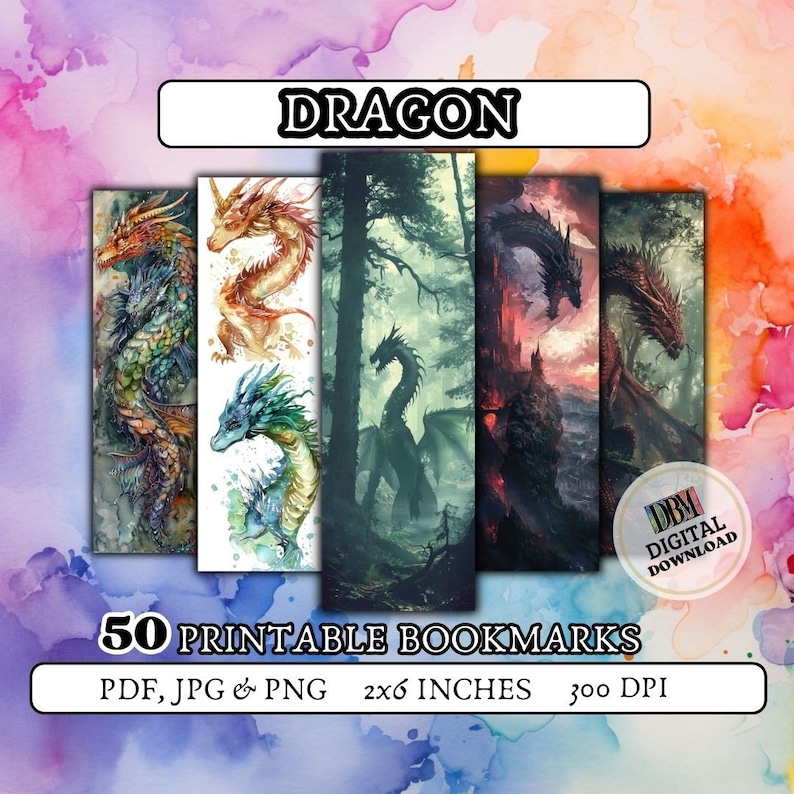 50 DRAGON Printable Bookmarks/ Digital Bookmark/ Wizard Bookmarks/ Gift ...