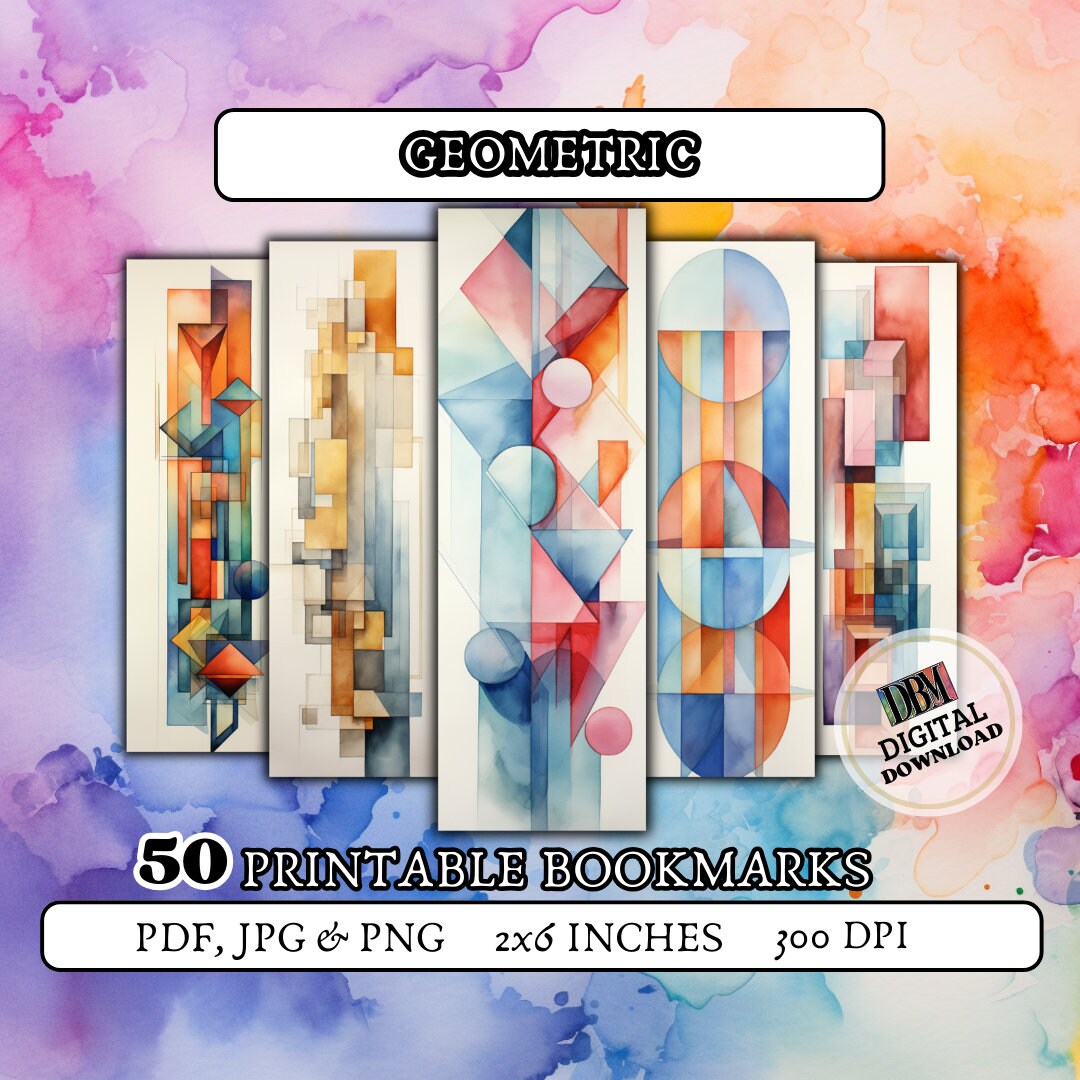 50 GEOMETRIC Printable Bookmarks/ Digital Bookmark/ Geometric Bookmarks ...