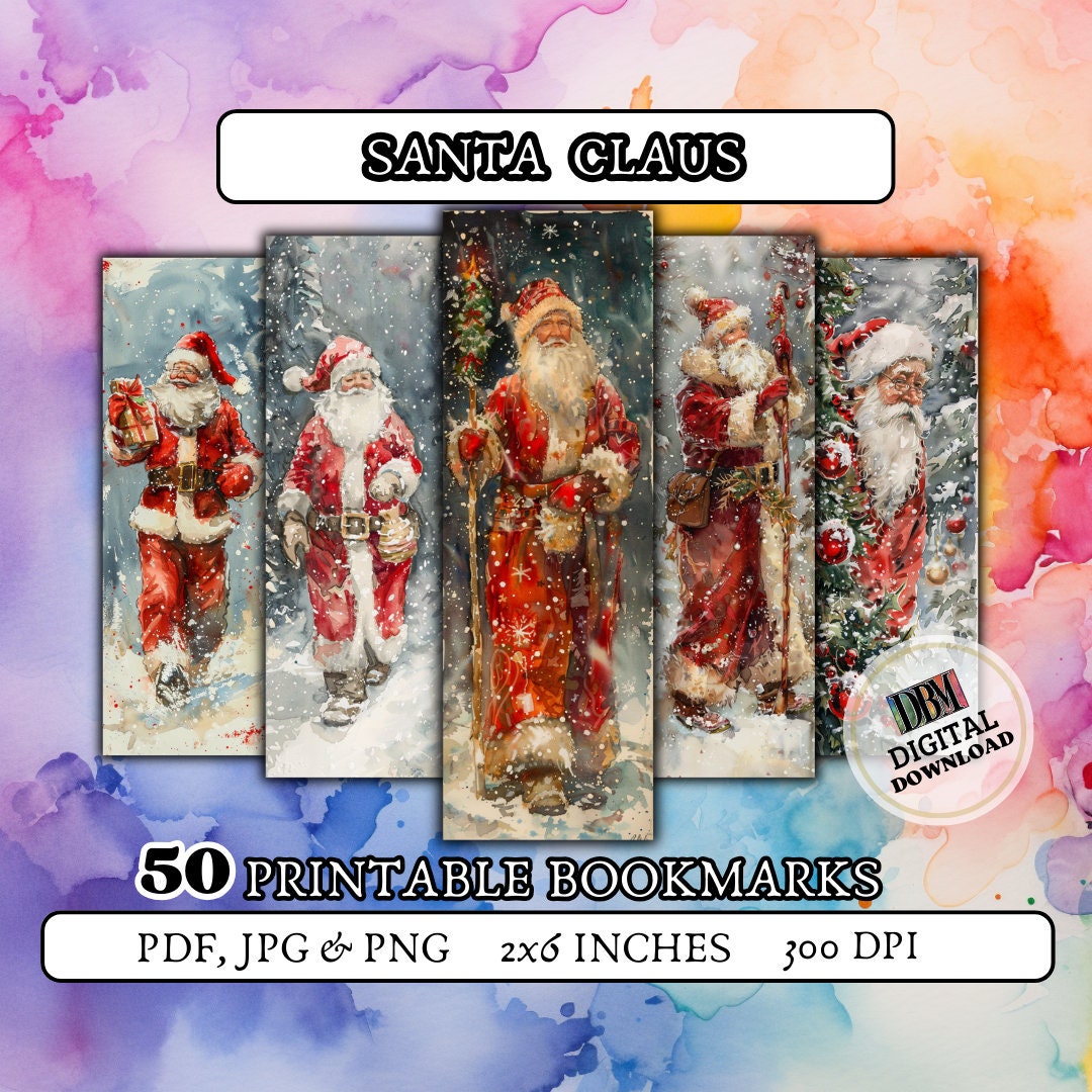 50 SANTA CLAUS Printable Bookmarks/ Digital Bookmark/santa Claus ...