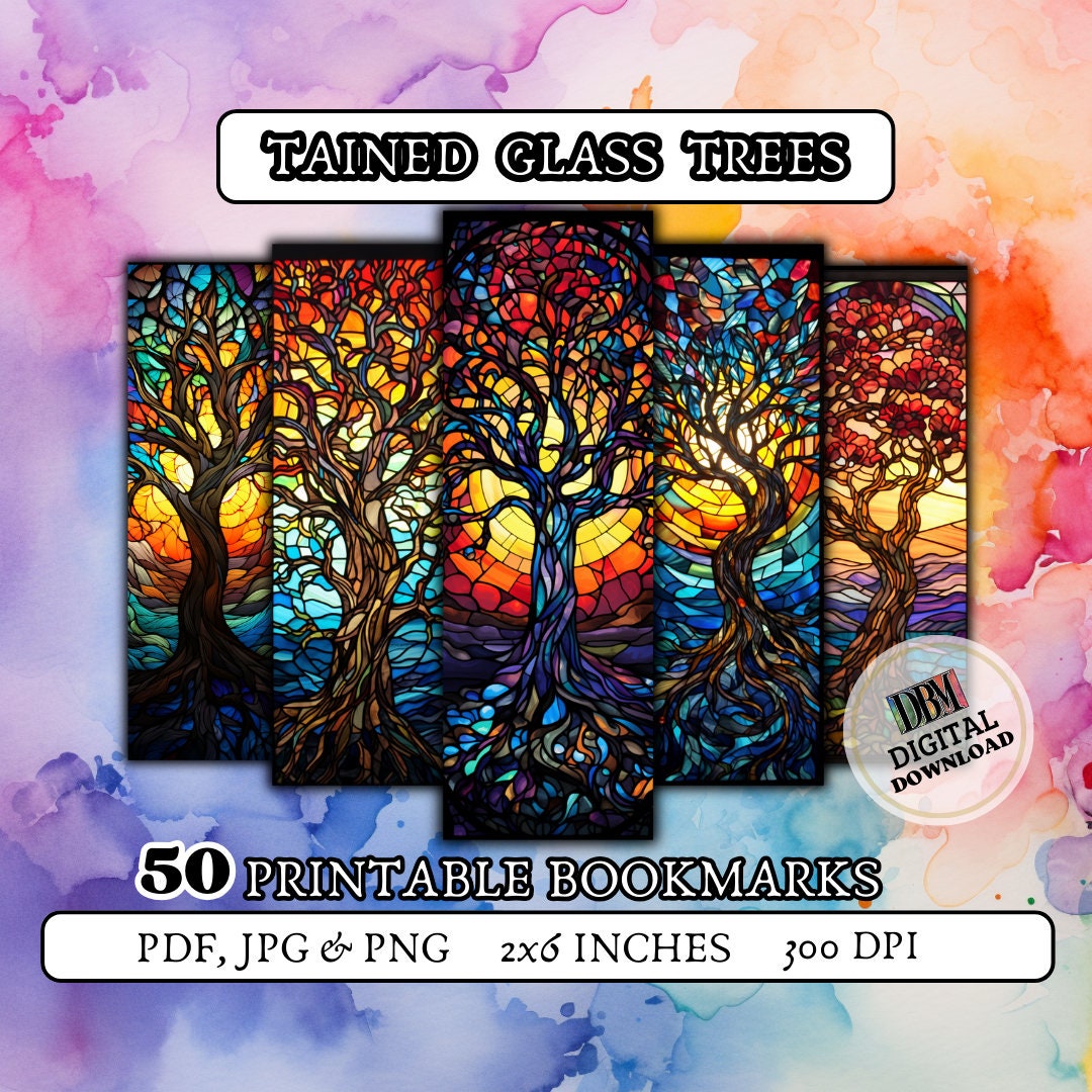 50 TAINED GLASS TREES Printable Bookmarks/ Digital Bookmark/ Design ...