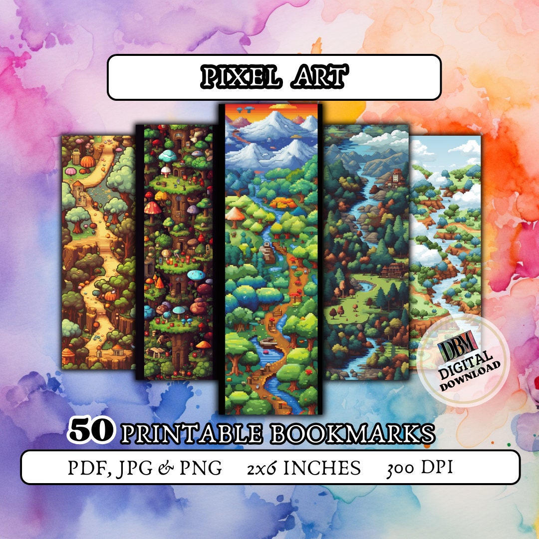 50 PIXEL ART Printable Bookmarks/ Digital Bookmark/ Pixel Art Bookmarks ...