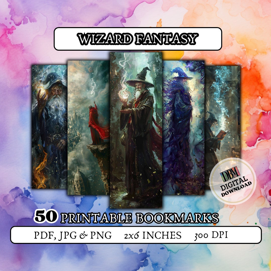 50 WIZARD FANTASY Printable Bookmarks/ Digital Bookmark/ Wizard ...