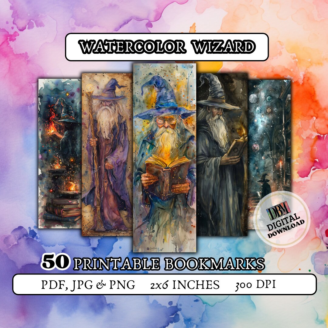 50 WIZARD Printable Bookmarks/ Digital Bookmark/ Watercolor Bookmarks ...