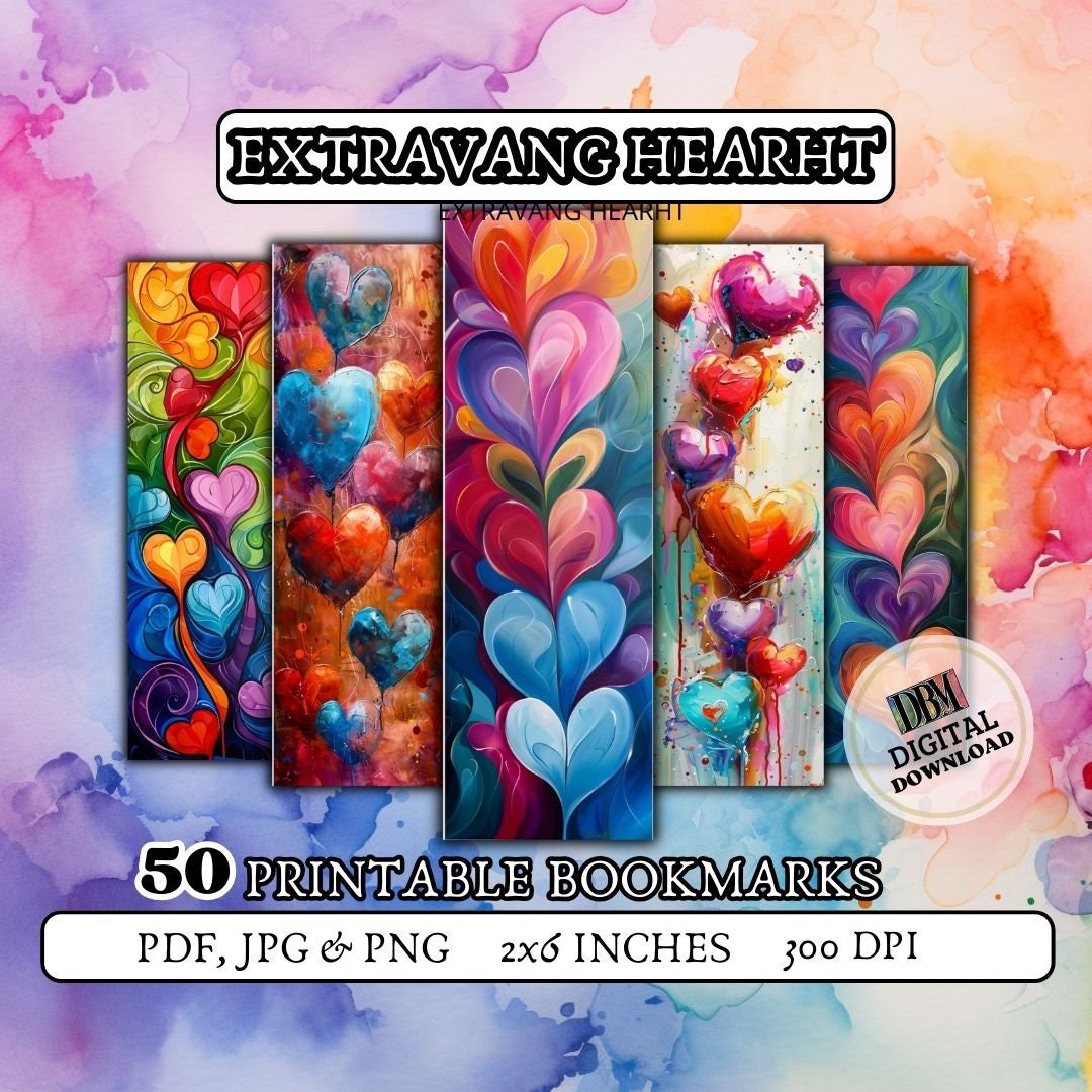 50 EXTRAVAGT HEART Printable Bookmarks/ Digital Bookmark/ Design ...