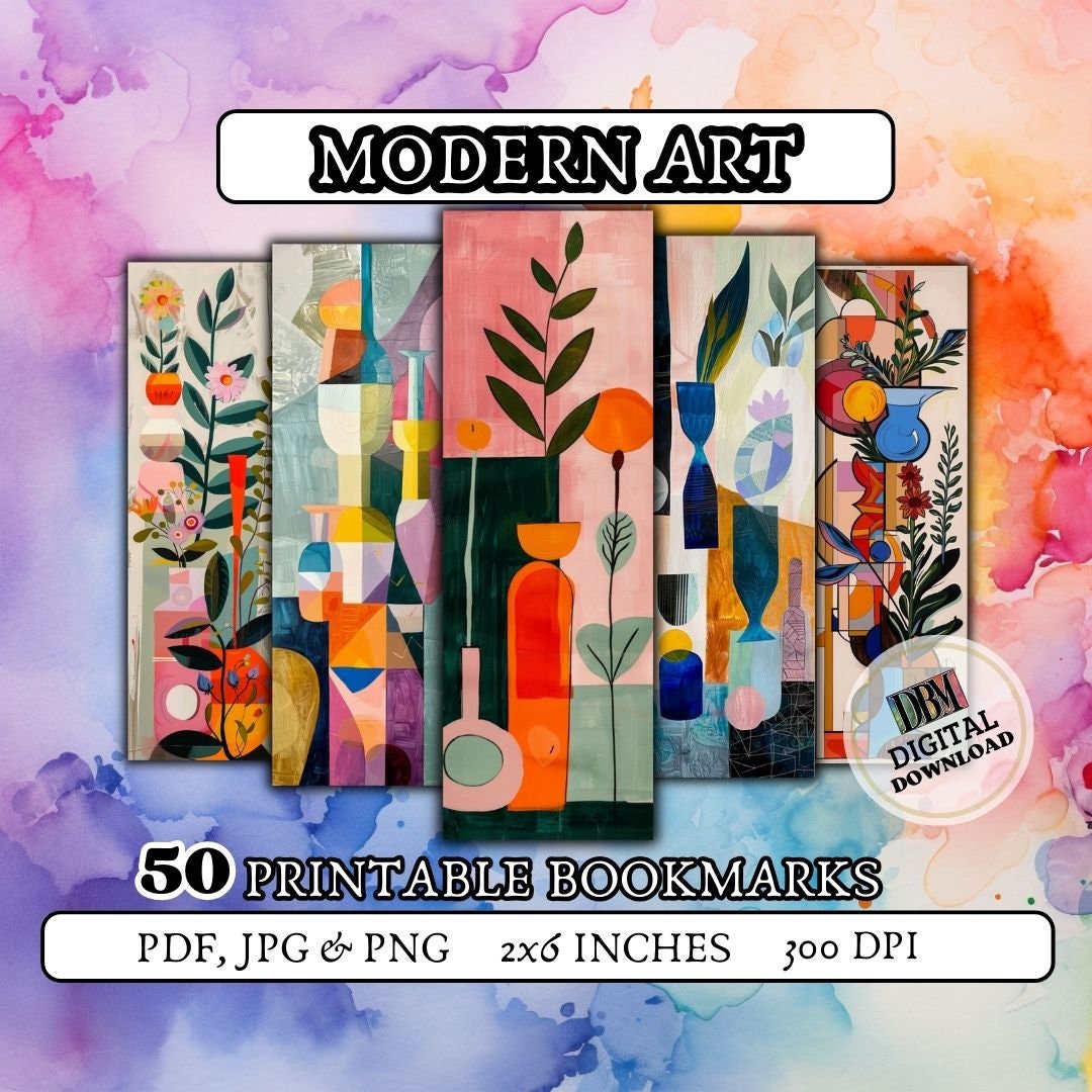 50 MODERN ART Printable Bookmarks/ Digital Bookmark/ Watercolor ...
