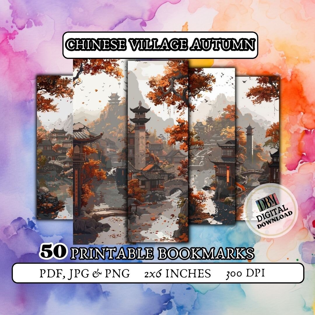 50 CHINESE VILLAGE Printable Bookmarks/ Digital Bookmark/ Watercolor ...