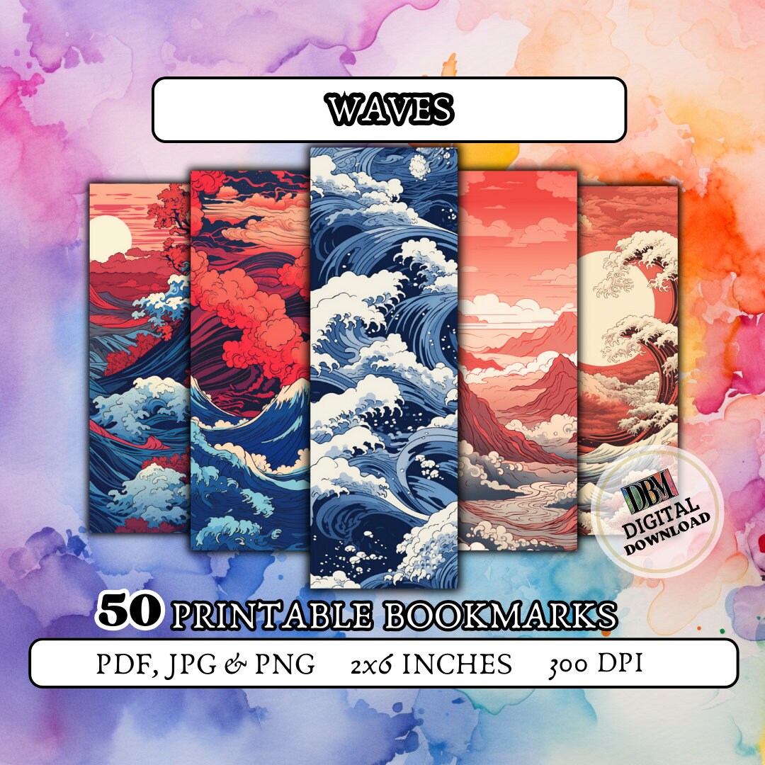 50 WAVES Printable Bookmarks/ Digital Bookmark/ Kanagawa Bookmarks/ Art ...