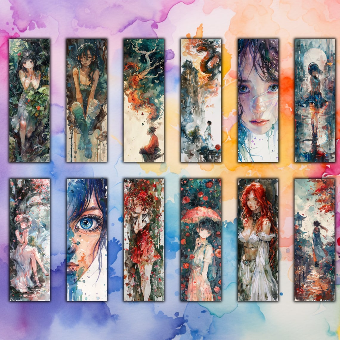 50 ANIME WATERCOLOR Printable Bookmarks/ Anime Bookmark/digital ...