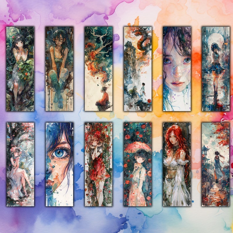 50 ANIME WATERCOLOR Printable Bookmarks/ Anime Bookmark/digital ...