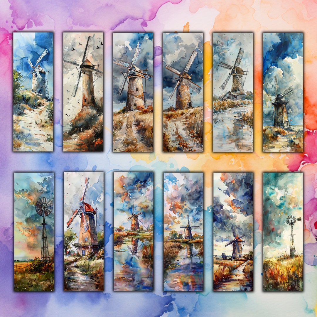 50 WINDMILL Printable Bookmarks/ Digital Bookmark/ Watercolor Bookmarks ...