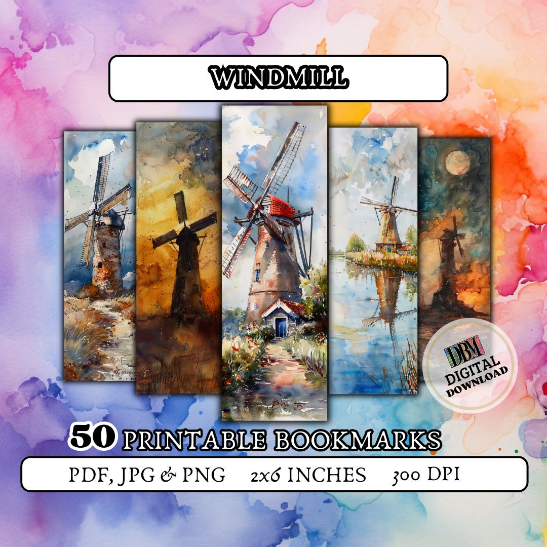 50 WINDMILL Printable Bookmarks/ Digital Bookmark/ Watercolor Bookmarks ...