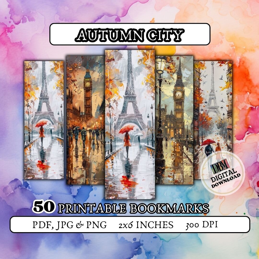 50 AUTUMN CITY Printable Bookmarks/ Digital Bookmark/ Watercolor ...
