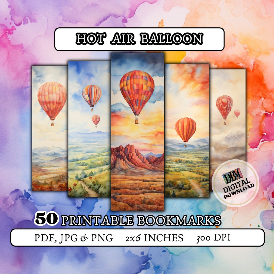 50 HOT AIR BALLOON Printable Bookmarks/ Digital Bookmark/ Watercolor ...