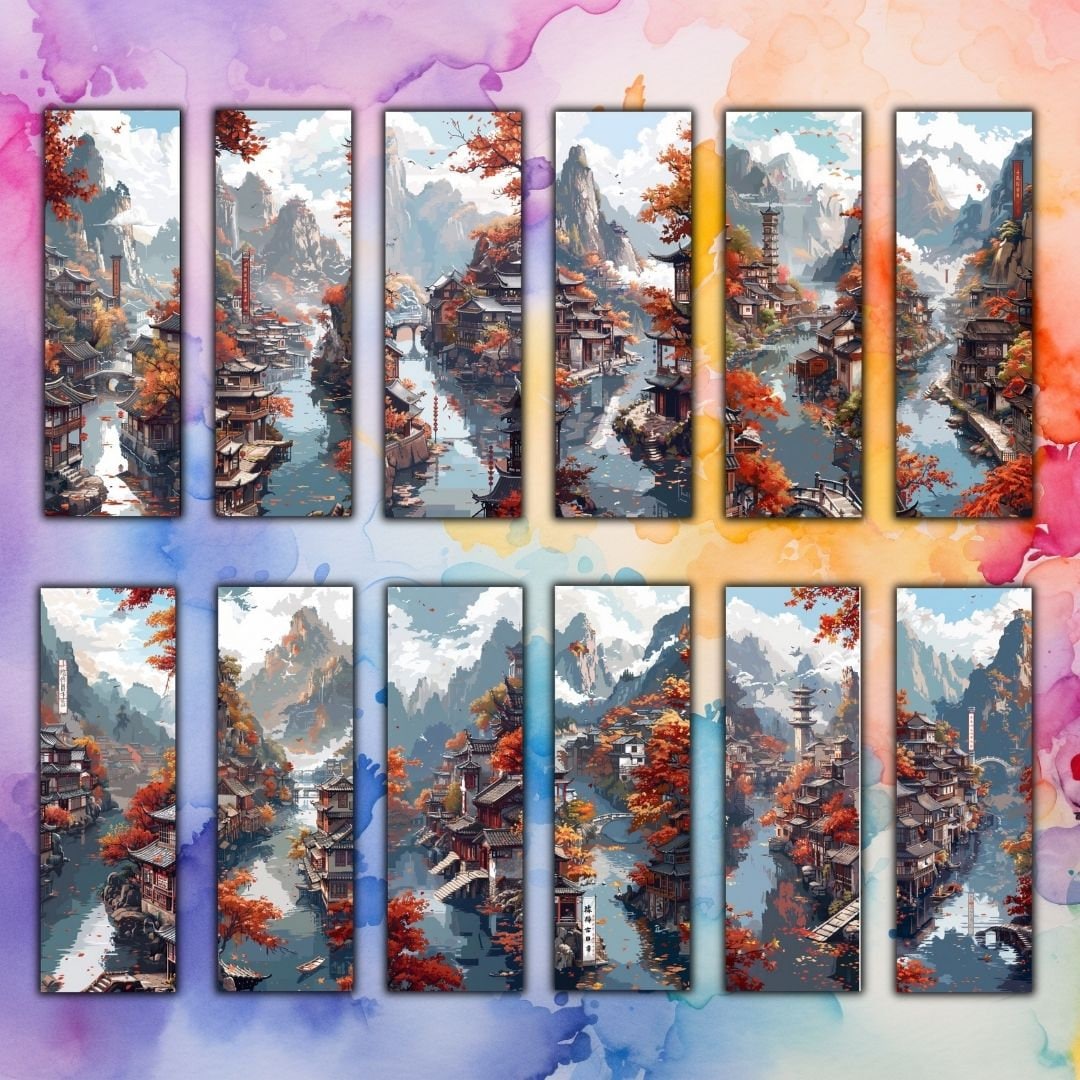 50 CHINESE VILLAGE Printable Bookmarks/ Digital Bookmark/ Watercolor ...