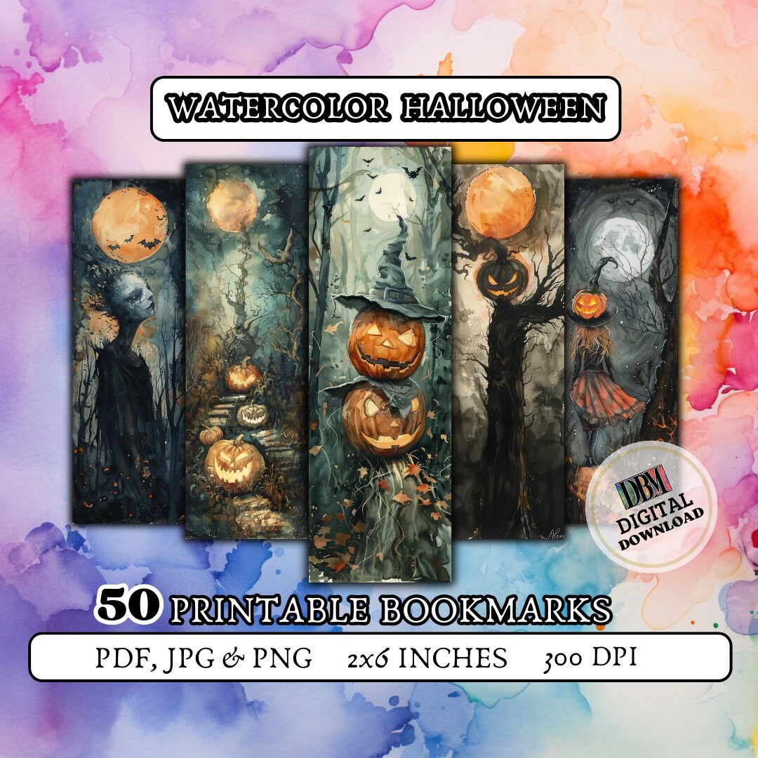50 WATERCOLOR HALLOWEEN Printable Bookmarks/ Digital Bookmark ...