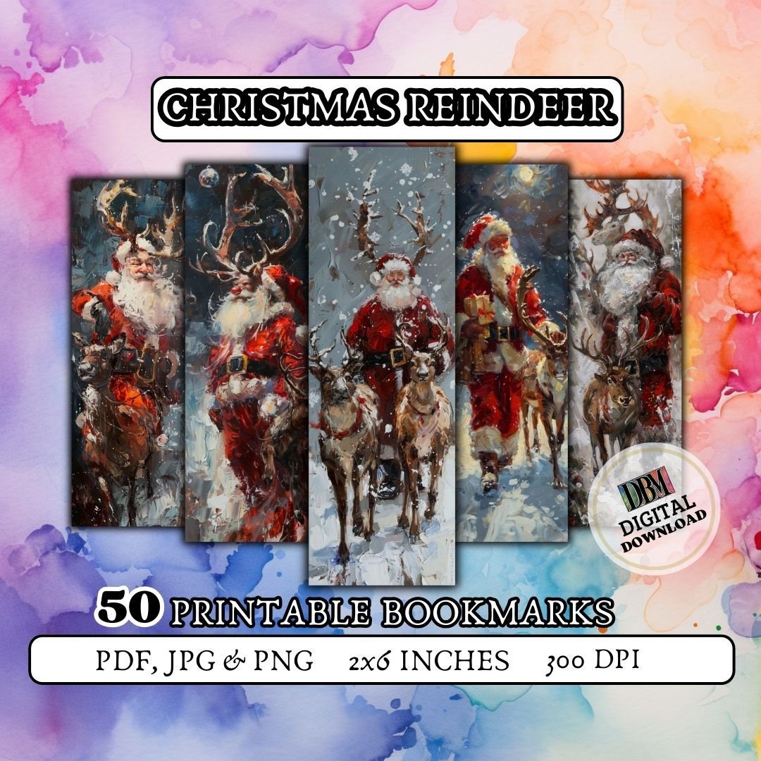 50 CHRISTMAS REINDEER Printable Bookmarks/ Digital Bookmark/santa Claus ...