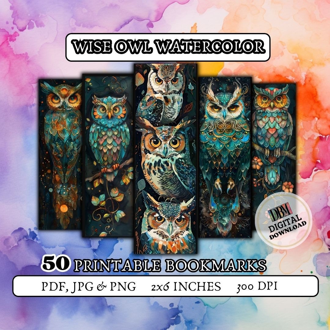 50 WISE OWL WATERCOLOR Printable Bookmarks/ Digital Bookmark/ Design ...