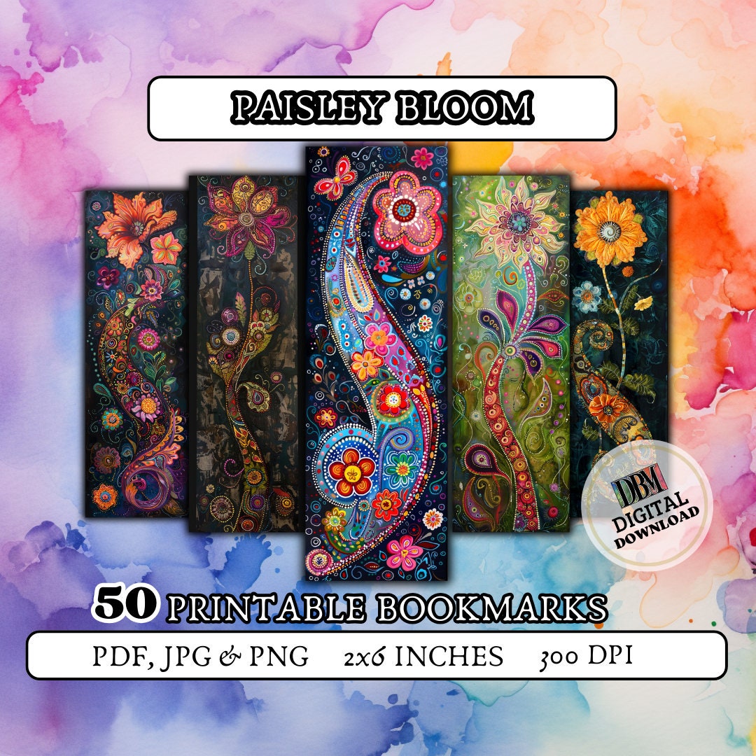 50 PAISLEY BLOOM Printable Bookmarks/ Digital Bookmark/ Flowers ...