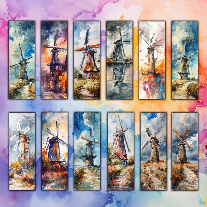50 WINDMILL Printable Bookmarks/ Digital Bookmark/ Watercolor Bookmarks ...
