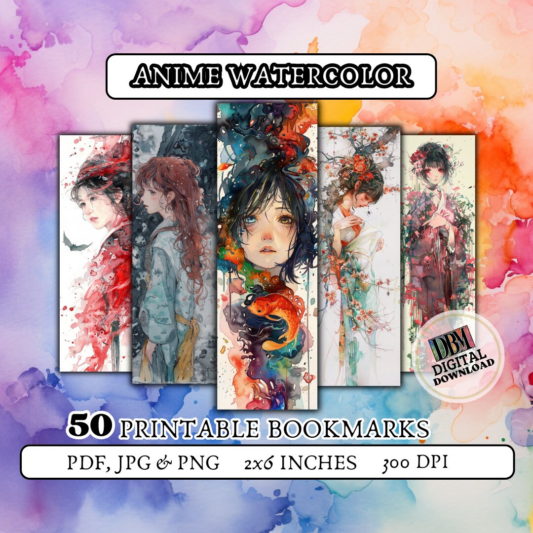 50 ANIME WATERCOLOR Printable Bookmarks/ Anime Bookmark/digital ...