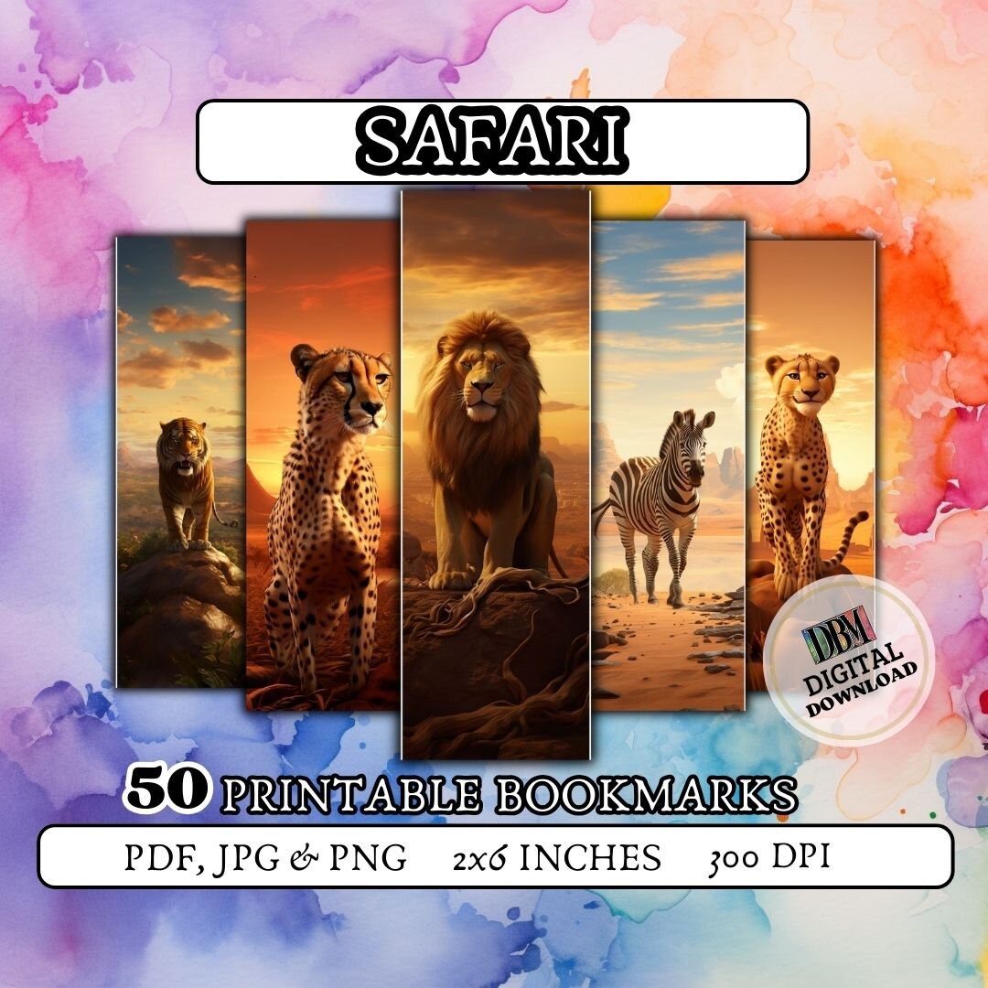 50 SAFARI Printable Bookmarks/ Digital Bookmark/ Design Bookmarks/ Gift ...