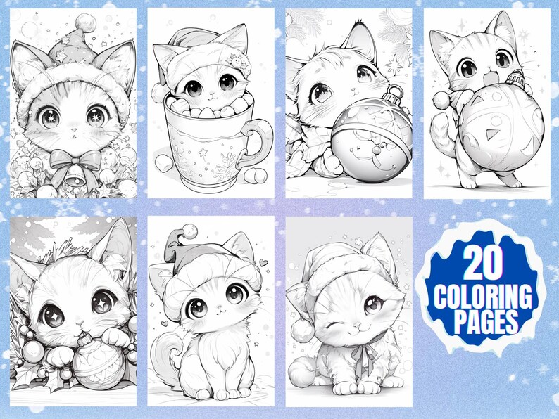 Kawaii Cat Christmas Coloring Pages, Cute Holiday Cat Coloring Book ...